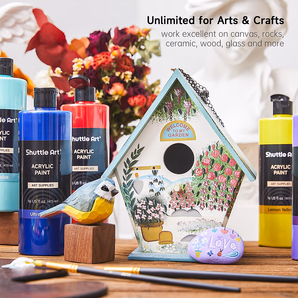 Shuttle Art Acrylic Paint, 12 Colors Acrylic Paint Large Bottle Set, 473ml/16oz Each, Rich Pigments, High Viscosity, Bulk Paint for Artists, Beginners and Kids on Rocks Crafts Canvas Wood Ceramic