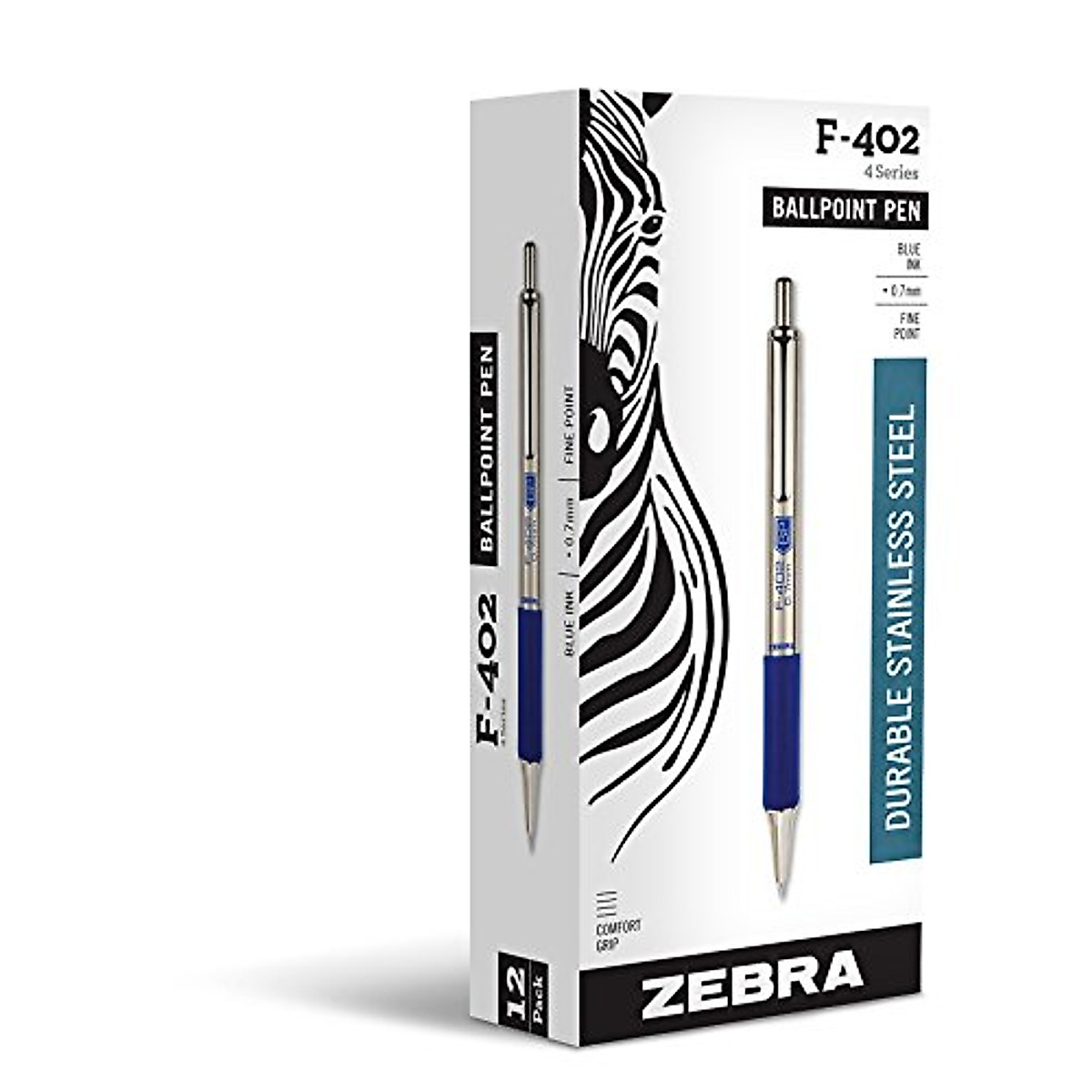 Zebra Pen F-402 Retractable Ballpoint Pen, Stainless Steel Barrel, Fine Point, 0.7mm, Blue Ink, 12-Pack
