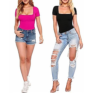 MANGOPOP Womens Short Sleeve Long Sleeve Square Neck T Shirts Tops Tees (Short Sleeve Rose Pink, Medium)