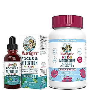 USDA Organic Focus & Attention Kids Drops & Kids Magnesium Citrate Gummies Bundle by MaryRuth's | Brain & Memory Drops | Magnesium Supplement | Stress Relief, Bone, Nerve, Gut Health | Vegan.