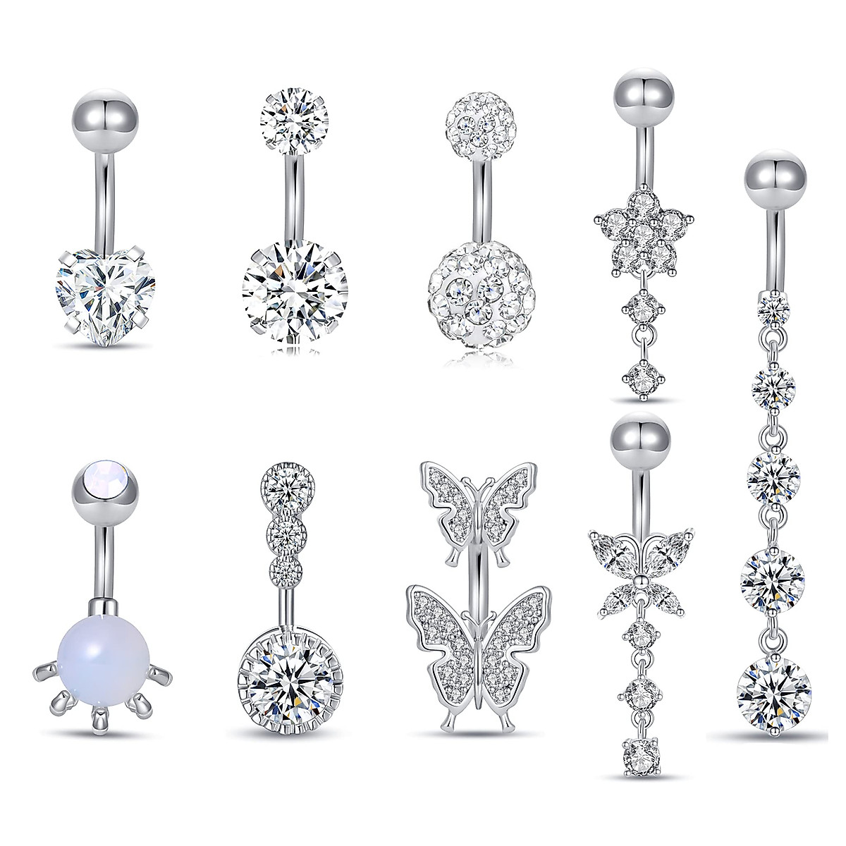 Ofeiyaa 9Pcs 14G Dangle Belly Button Rings Skull Butterfly Heart CZ Navel Rings Barbell Body Piercing Jewelry for Women