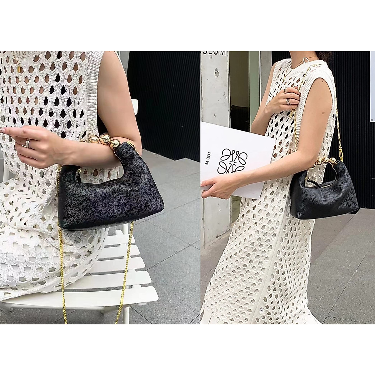 DORIS&JACKY Small Top Handle Clutch Bag Women Designer Goatskin Crossbody Purse With Pearl Handle And Detachable Metal Chain (Black)