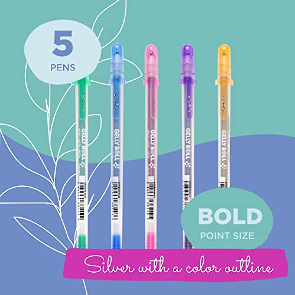 SAKURA Gelly Roll Silver Shadow Gel Pens - Bold Point Ink Pen for Lettering, Drawing, Invitations, & Stationery - Silver & Colored Ink - Bold Line - 5 Pack