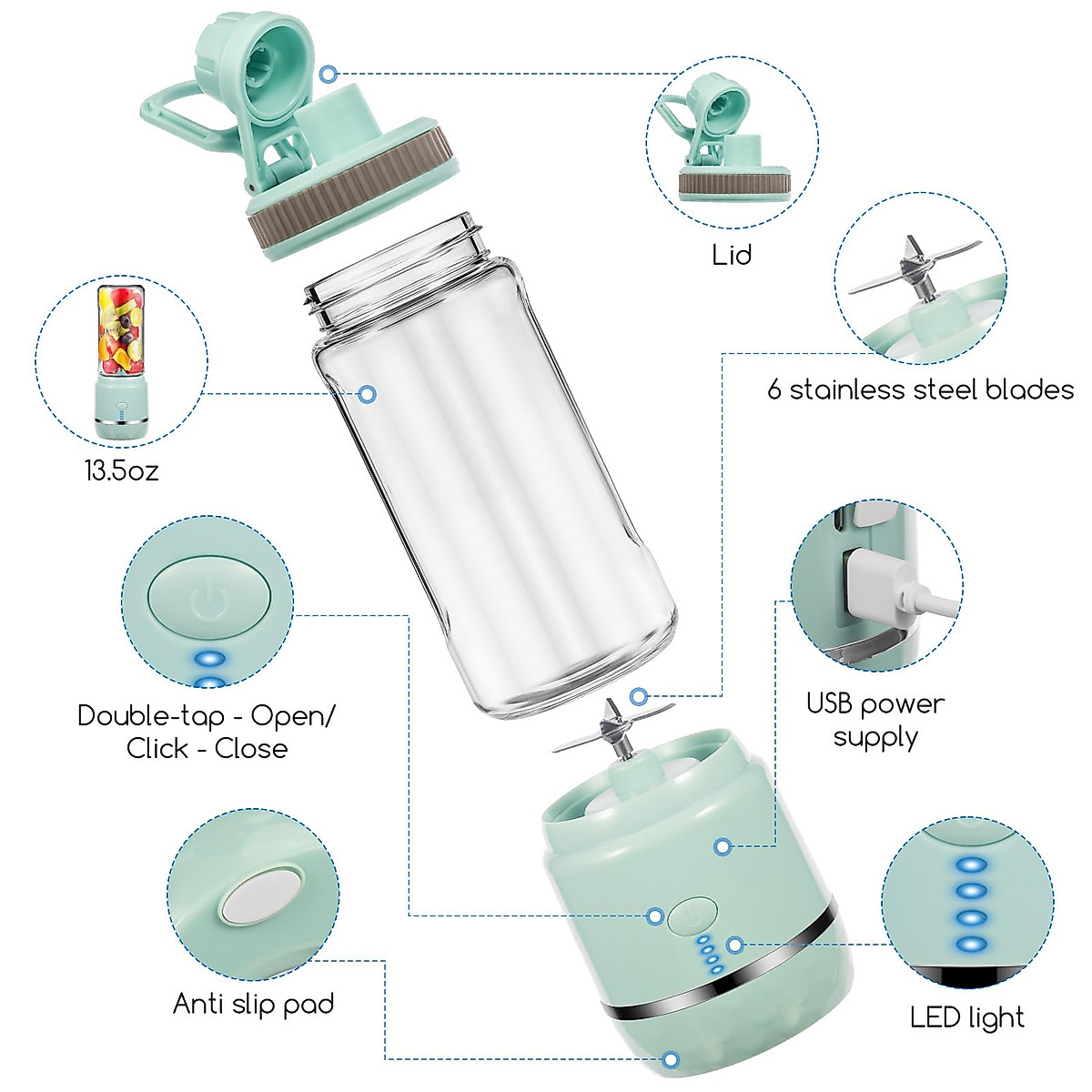 Portable Blender for Shakes and Smoothies with BPA-Free Travel Cup and Lid, Personal Mini Portable Blender USB Rechargeable Portable Juicer for Travel Gym Office(Green)