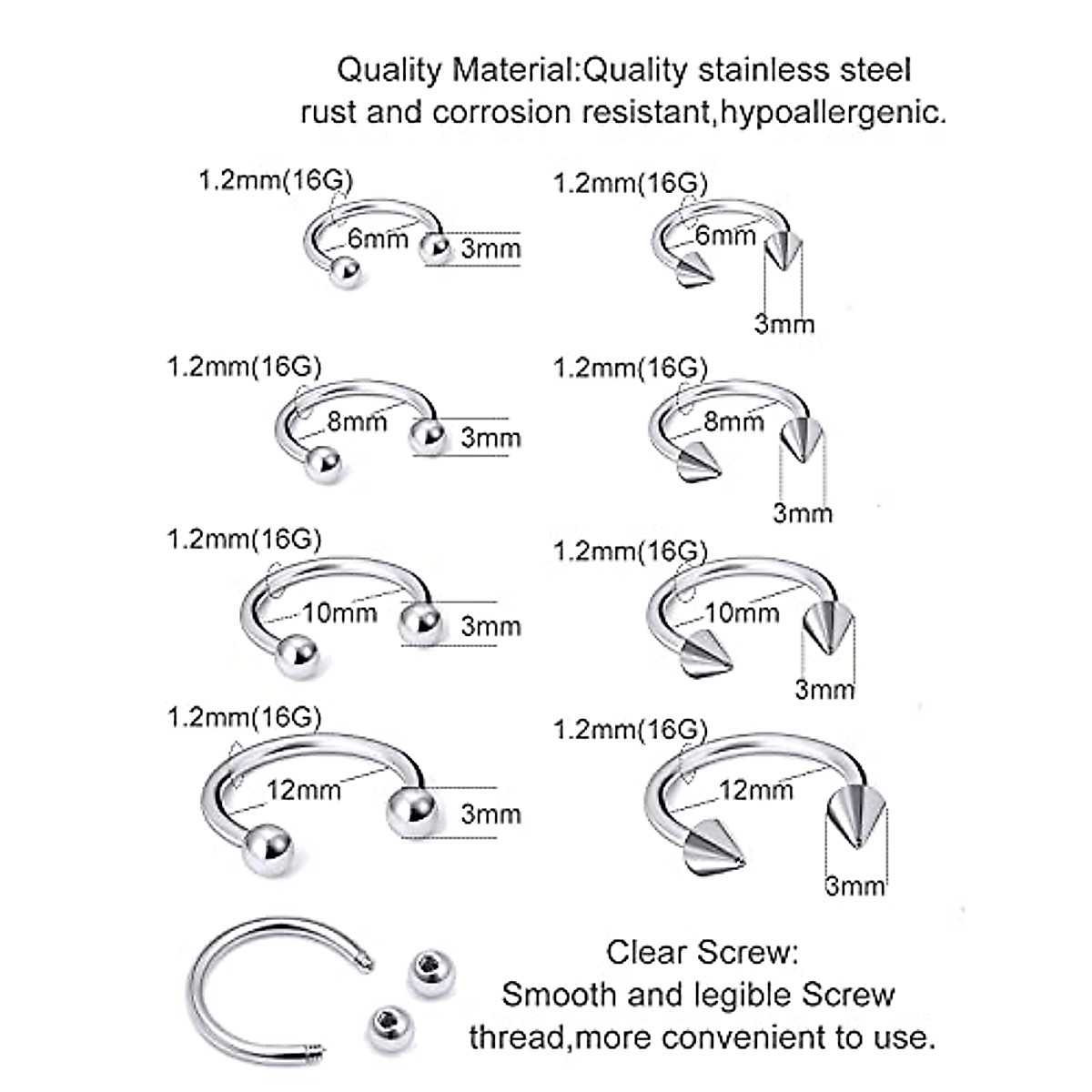 Ovxznts 16G Surgical Steel Nose Septum Horseshoe Hoop Earring Eyebrow Tragus Helix Lip Rings Piercing Jewelry Ball Spike Silver-tone
