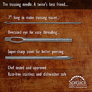 SpitJack Meat Trussing Needle and Butchers Cooking Twine Kit for Sewing Up Whole Hog, Pig, and Roasting Chicken and Turkey. 7 Inch Stainless Steel Needle and 185 Feet of Cotton Kitchen String.