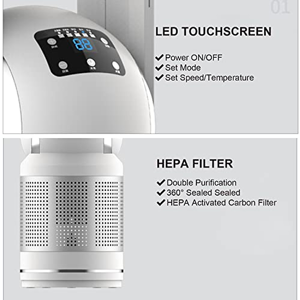 HEATIT Bladeless Fan with Remote and Air Purifier Tower Fan 80° Oscillating with 8 Speeds 8H Timer Air Circulator Fan for Home Bedroom Kitchen and Office White