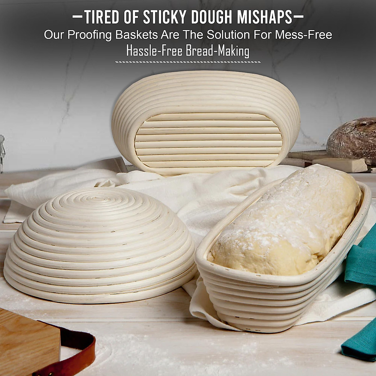 Nestled Niche Bread Proofing Basket, Tools and Accessories with Bread Bowls for Rising and Baking, Cane Wicker Banneton and Round Bread Scraper