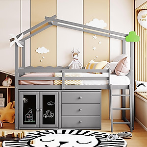 CITYLIGHT Twin Size House Loft Bed with Storage Cabinet and 3 Drawers, Wood Loft Bed Twin with Roof, Blackboards and Guardrail, Kids Playhouse Bed Twin for Teens, Boys, Girls, Grey