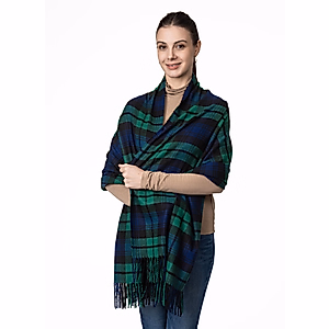 Achillea Long & Wide Scottish Tartan Plaid Large Cashmere Feel Blanket Scarf Check Shawl Wrap 80" x 29" (Green)