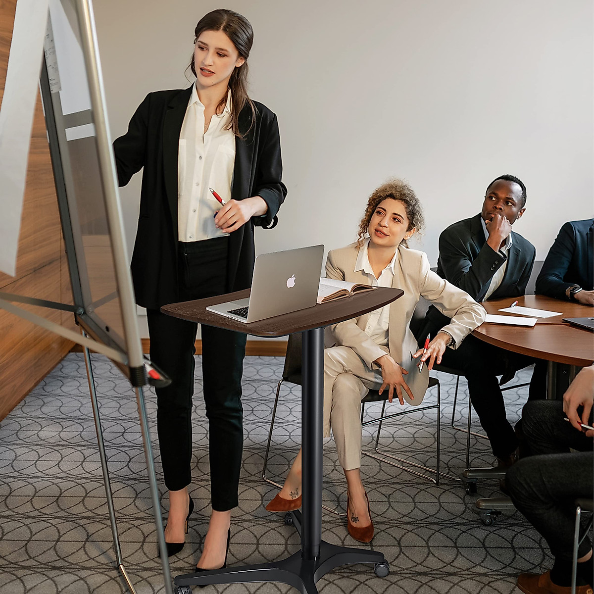 HAOOAH Pneumatic Adjustable Height Desk, Laptop Standing Desk, Rolling Sit-Stand Cart, Mobile Podium Portable Lectern for Home, Office& Classroom, 26" 19.3" Platform (29" to 46.9" H)，Brown