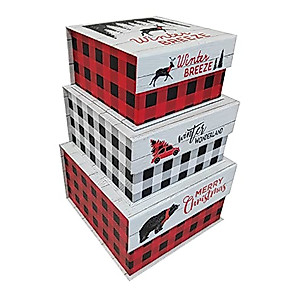 VOTUM Set of 3 Nesting Holiday Storage Boxes - Decorative Treasure Chest Stackable Paperboard Containers with Fitted Lids and Seasonal Sayings - Mountain Holiday