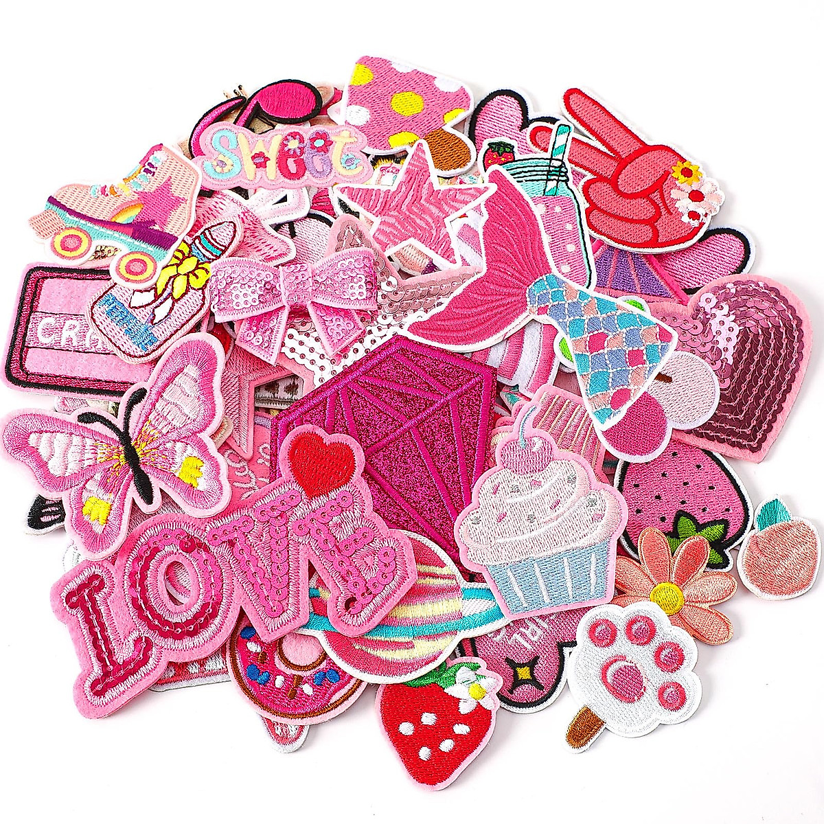 60pcs Pink Embroidered Patches Random Assorted Styles Pink Theme Iron on Patches for Girls Western Cowgirl DIY Sew Applique Repair Patch Cute Preppy Sew on Patches for Backpacks Pants Clothes Jeans