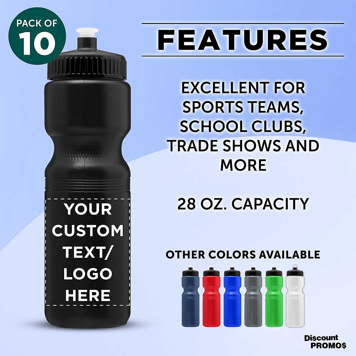 DISCOUNT PROMOS 28 oz. Custom Push Cap Plastic Water Bottles Set of 10, Personalized Bulk Pack - Perfect for Gym, Hiking, Camping, Outdoor Sports - Black