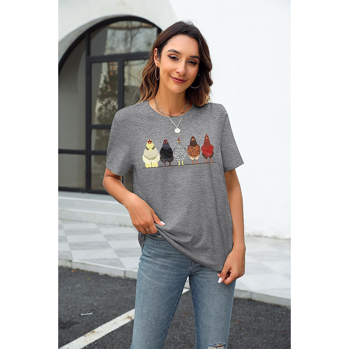 Chicken Tshirt Mom Cute T Shirts Womens Short Sleeves Farm Country Casual Tee Tops Gray