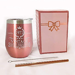 1971 52nd Birthday Presents for Women |Vintage Aged to Perfection Rose Gold 12 oz Insulated Double Wall/Stainless Steel Tumbler/Coffee Cup/Mug/Wine Glass w/Lid & Straw/ Funny Anniversary Ideas for her
