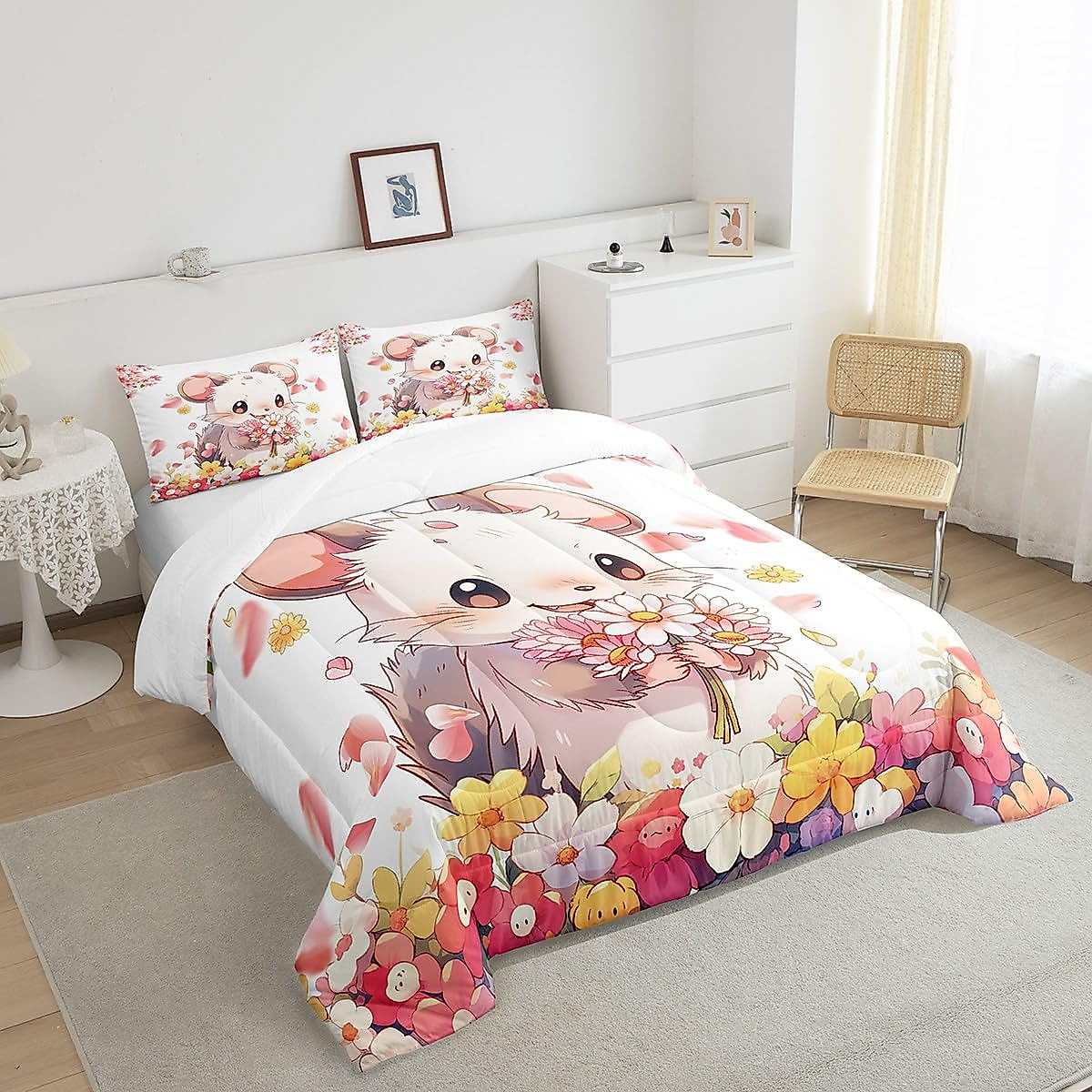 Erosebridal Cartoon Hamster Comforter Set for Girls Boys Children Cute Pet Animal Bedding 2 Pieces Lovely Rodent Animal Bedding Comforter Sets Pet Mouse Pattern Duvet Set Twin Size