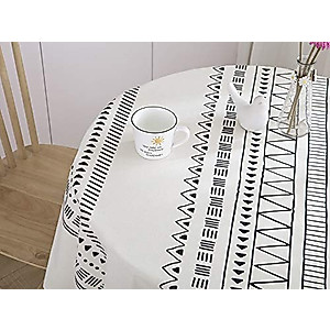 ArtBud White Black Cotton Linen Table Cloths Boho Farmhouse Heavy Fabric Table Cover Burlap Striped Geometric Washable Table Top for Parties Coffee Kitchen Picnic Round 60 inch(4-6 Seats)
