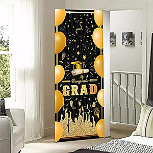 Mocossmy Graduation Door Banner 2022,Large Black Gold Congrats Grad Banner Door Covers Graduation Porch Sign Photo Booth Props Backdrop for Photography High School College Graduation Party Decoration