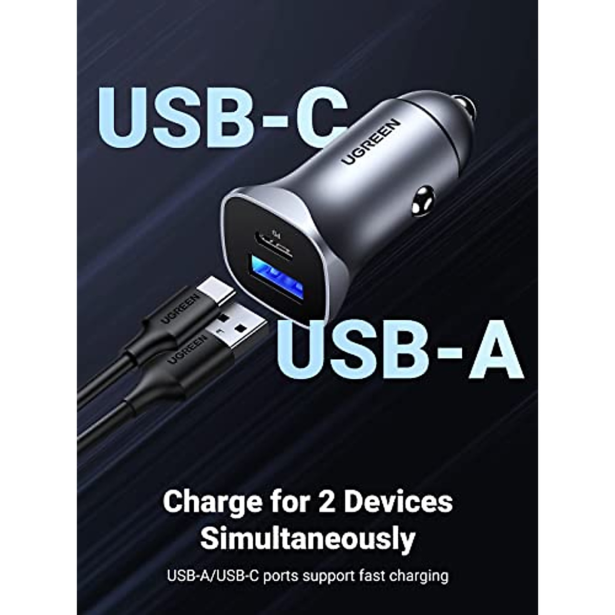 UGREEN USB C Car Charger, PD 20W & QC18W Fast Car Charger Adapter, Dual Port Mini USB Car Charger Compatible with iPhone 14/13/12/11/X/8, iPad, Galaxy S23/S22/S21/S20/Note 20, Google Pixel, LG