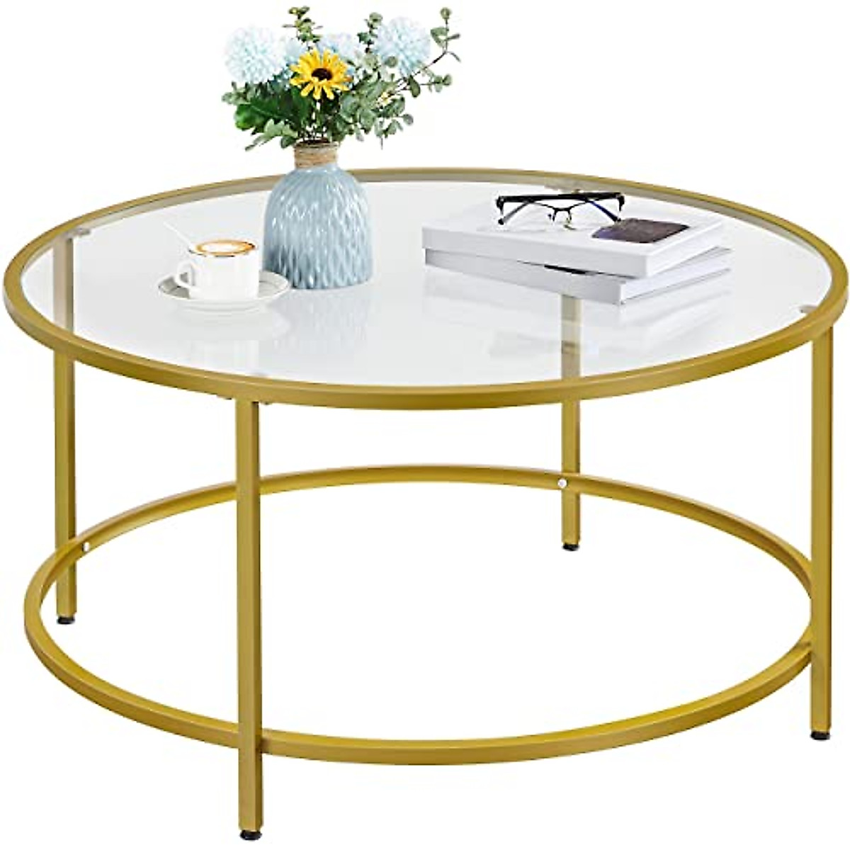 Yaheetech 36in Round Glass-Top Coffee Table,Mustard Gold Modern Accent Side Round Coffee Table w/Protective Foot Pads, Metal Structure Glass Coffee Table for Living Room,Dining, Apartment,Small Space