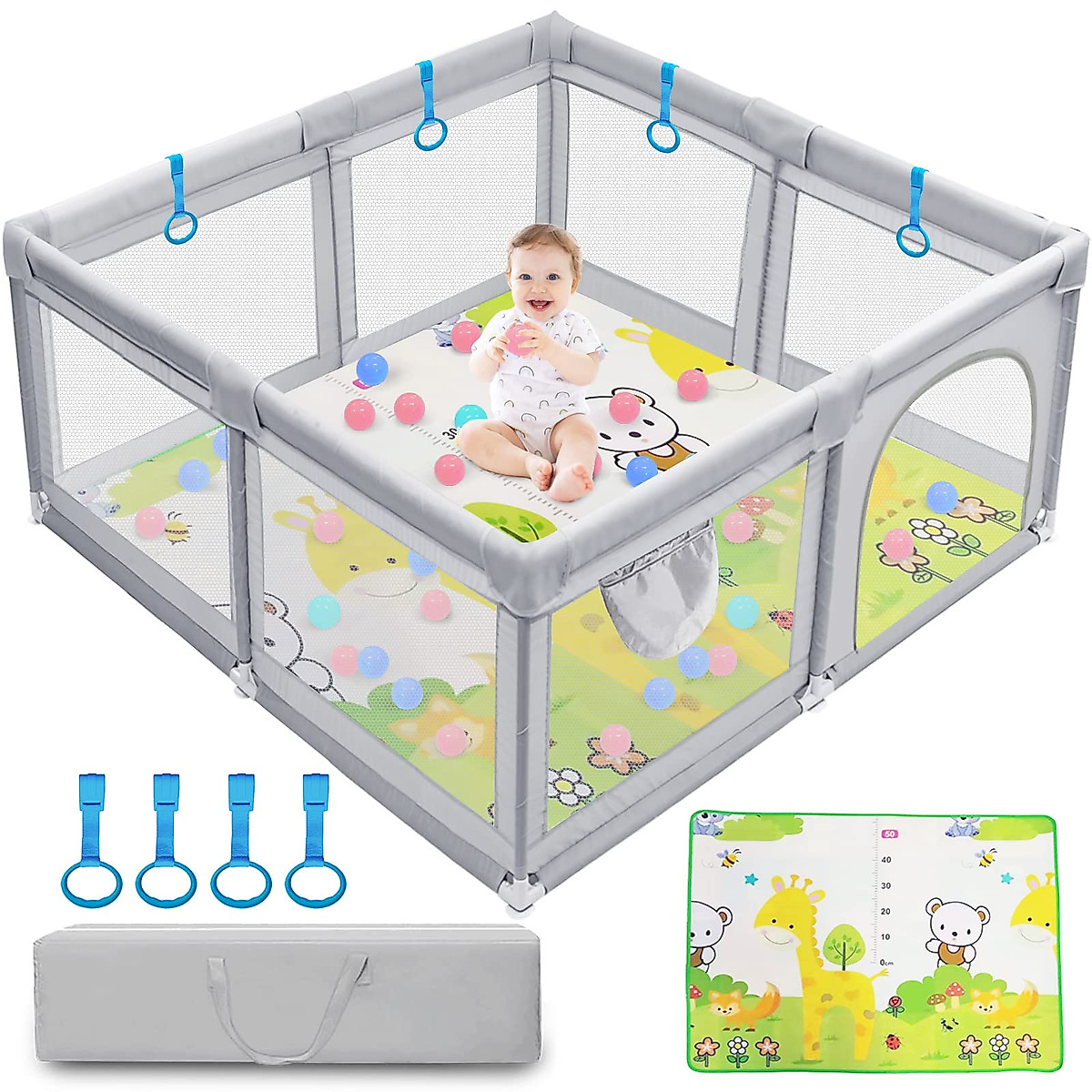 Baby Playpen, Playpen for Babies and Toddlers, Indoor & Outdoor Playard Kids Activity Center with Mat, Anti-Slip Base, Sturdy Safety Baby Playpen with Gate 50''x 50''x 27'' (Light Grey)