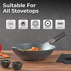 Restaurantware-Motomori 14 Inch Pre-Seasoned Carbon Steel Wok, 1 Traditional Japanese Wok - Flat Bottom, Wooden Handle, Black Carbon Steel Traditional Stir Fry Pan, With Helper Handle