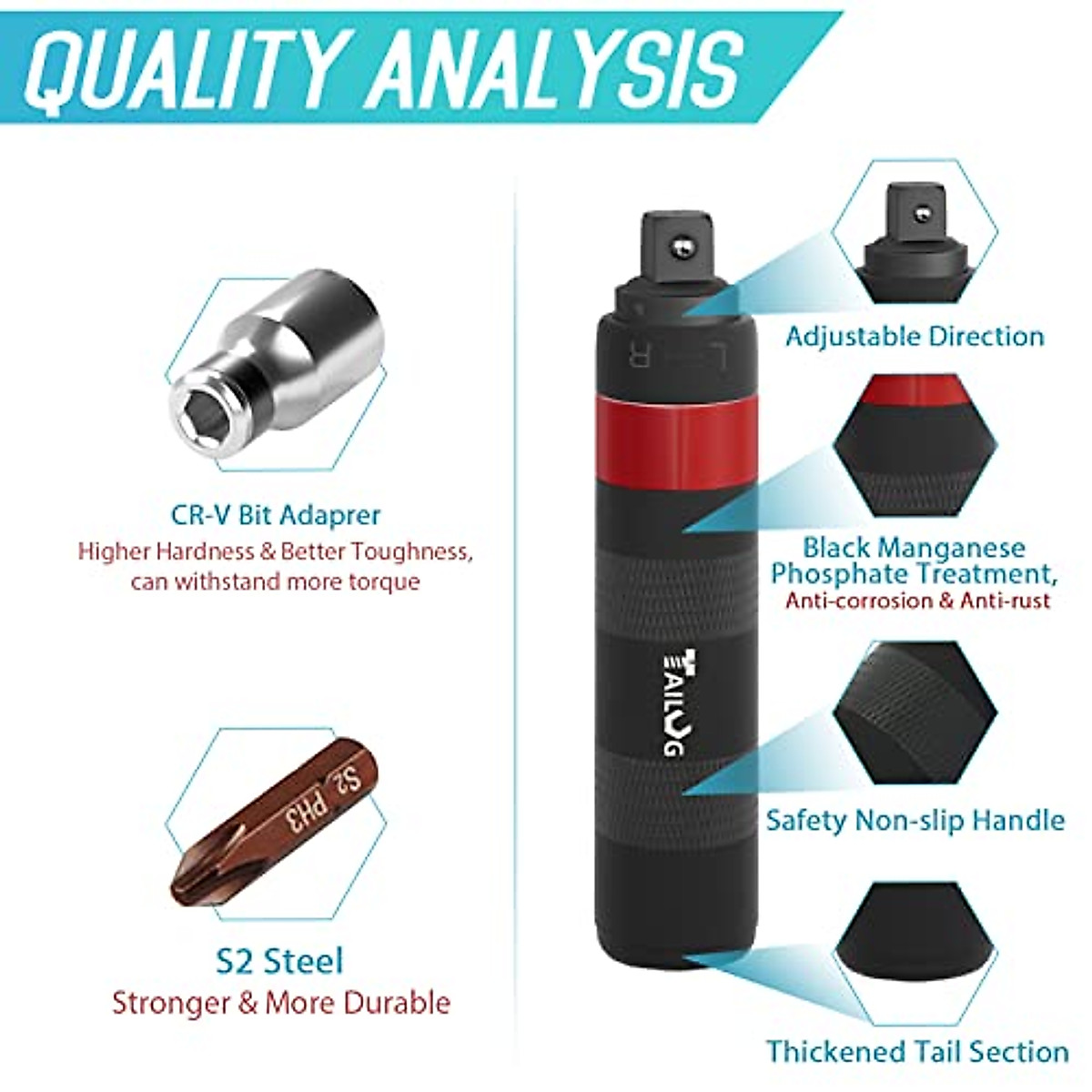 TAILUG 1/2" Hand Manual Reversible Impact Driver, 8 PCS Impact Screwdriver S2 Steel, Rusted Fasteners or Frozen Bolts Manual Impact Driver