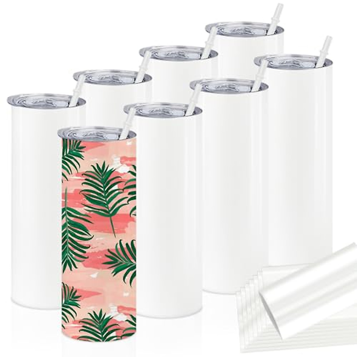 XccMe 8 Pack Sublimation Tumblers bulk,20 oz Skinny Stainless Steel Double Wall Insulated Straight Sublimation Blank with Lid,Box,Shrink Wrap Films,Polymer Coating for Heat Transfer