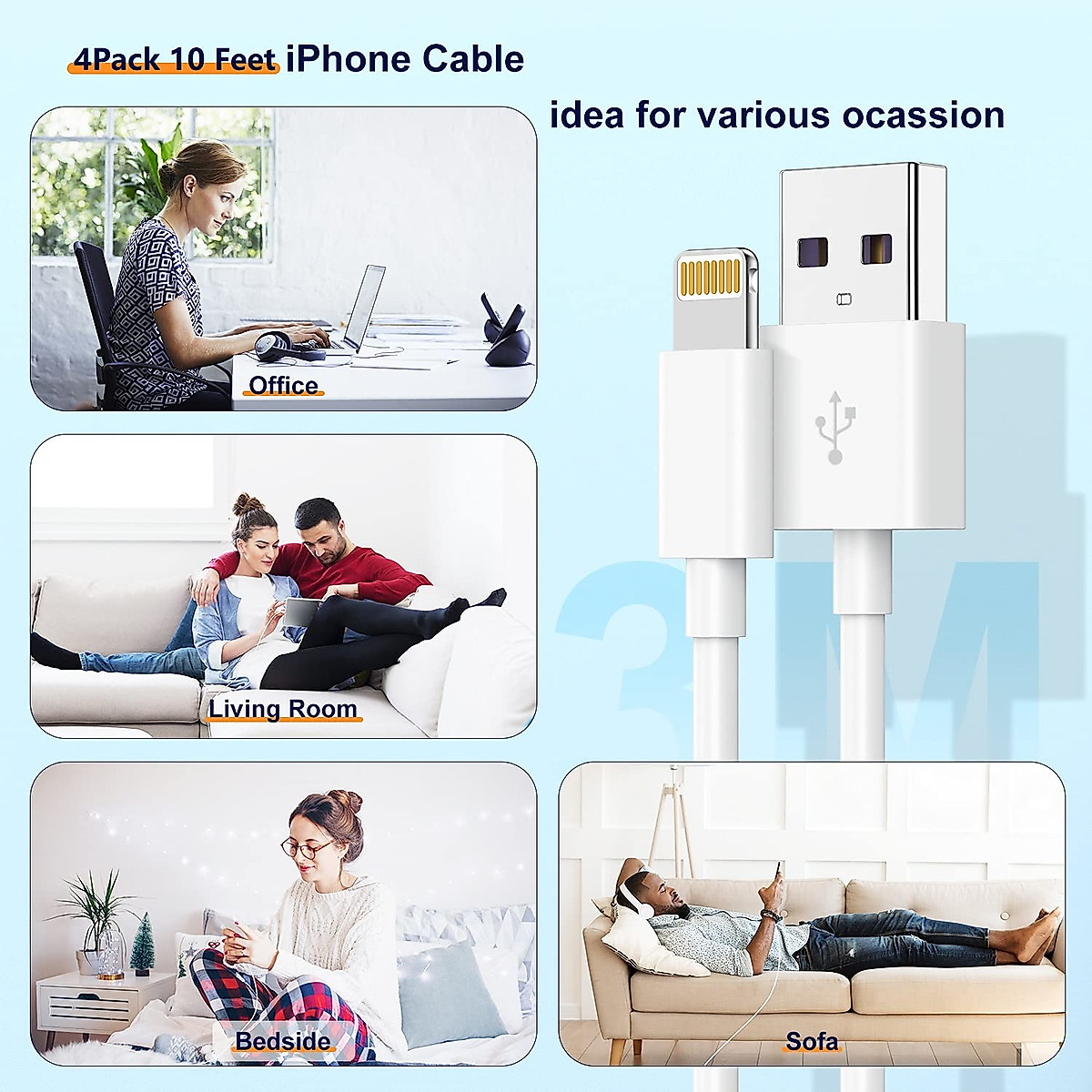 4Pack 10ft iPhone Charger Cable, [ Apple MFi Certified ] Long Apple Lightning to USB Cable 10 Feet, 10 Foot Fast iPhone Charging Cord for Apple iPhone 13 Pro/12 Mini/11/Pro/11/XS/MAX/XR/8/7/6/5/SE