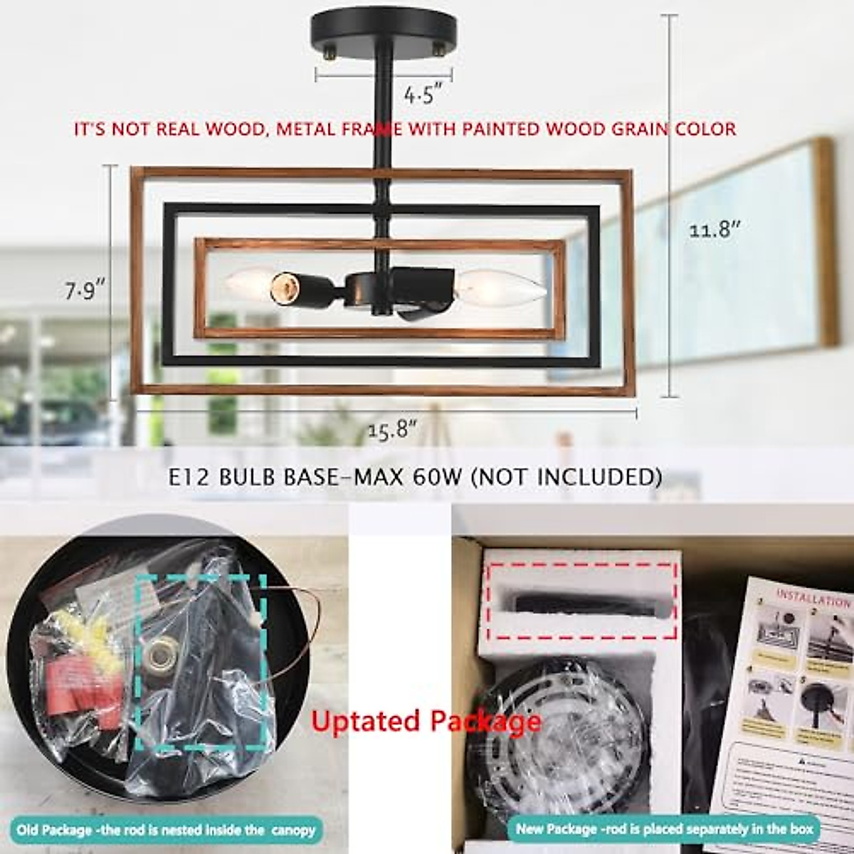 Capslpad Industrial Rectangle Ceiling Light Rustic Retro Farmhouse Rotatable Flush Mount Ceiling Light Fixture for Kitchen Dining Room Living Room Bedroom Hallway Entryway (Faux-Wood)