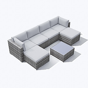 Patiorama 7 Piece Outdoor Furniture, All Weather Grey Wicker Sectional Sofa Set with Corner Sofa Chair Ottoman Table, Light Grey