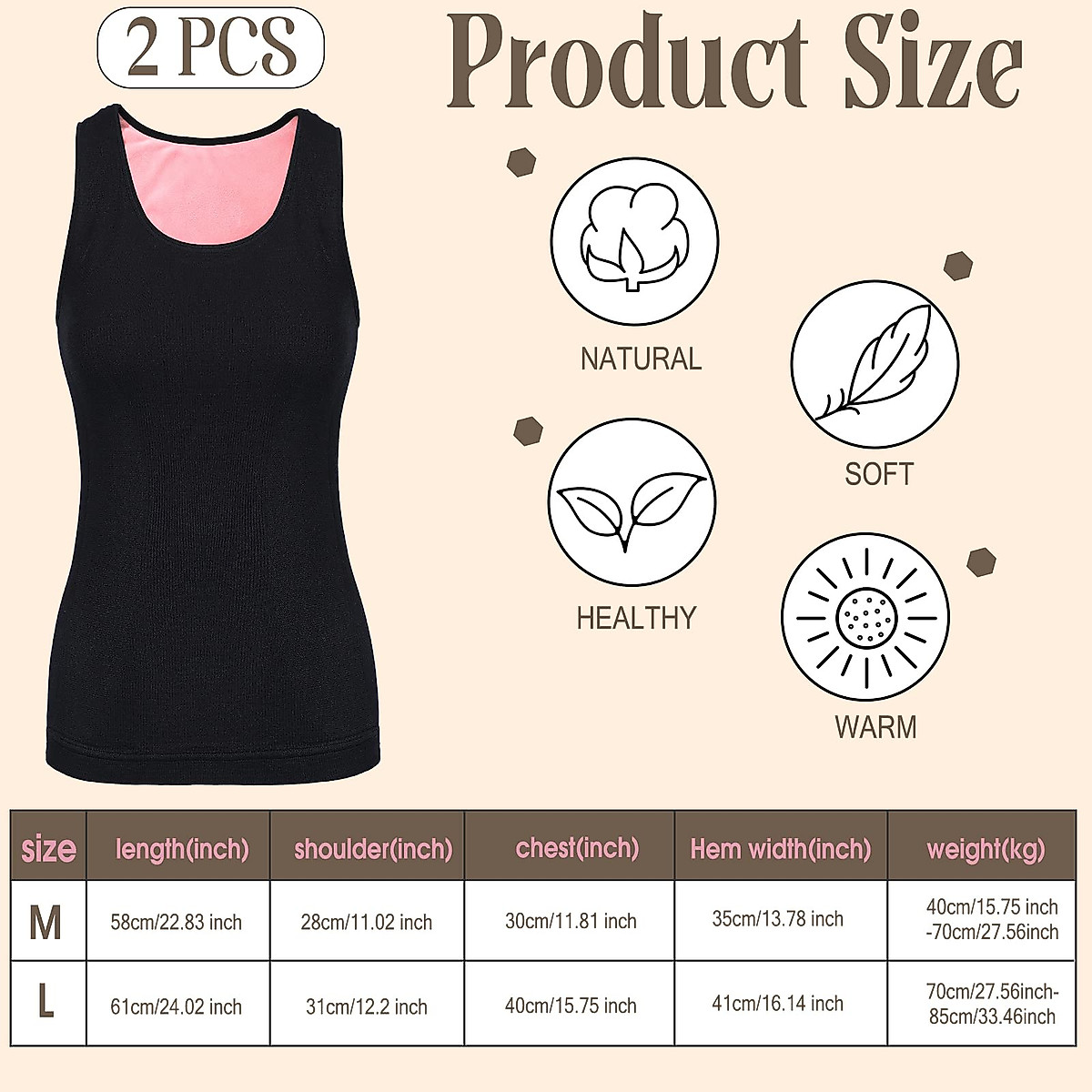 Sintege 2 Pcs Thermal Tank Top Womens Fleece Lined Underwear Tops Undershirt for Women Cotton Cami Warm Base Layer Vest(Medium,Black)