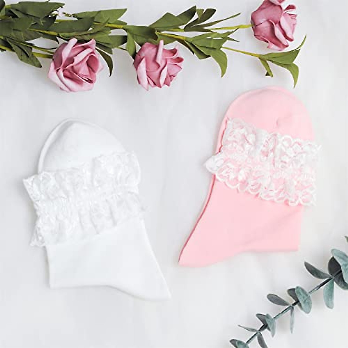 RMSWEETYIL Lace Ruffle Frilly Socks for Women, Cute Lace Ankle Socks (2 Pairs-white+pink)