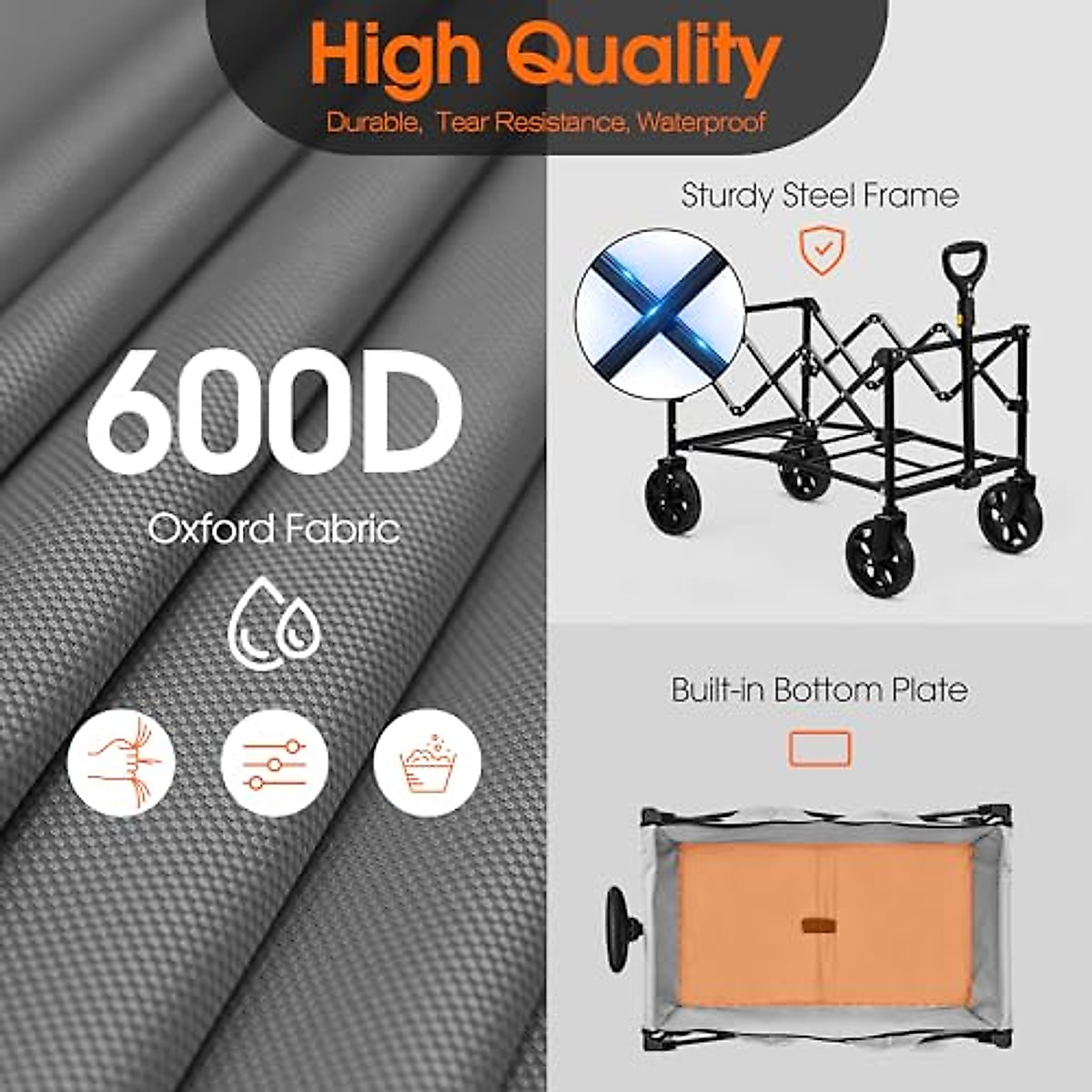 Collapsible Folding Wagon,Large Utility Wagon Cart Foldable,Folding Wagon Cart with All Terrain Wheels,Heavy Duty Garden Cart,Portable Wagon for Shopping Grocery Camping Sports Fishing (Gray/White)