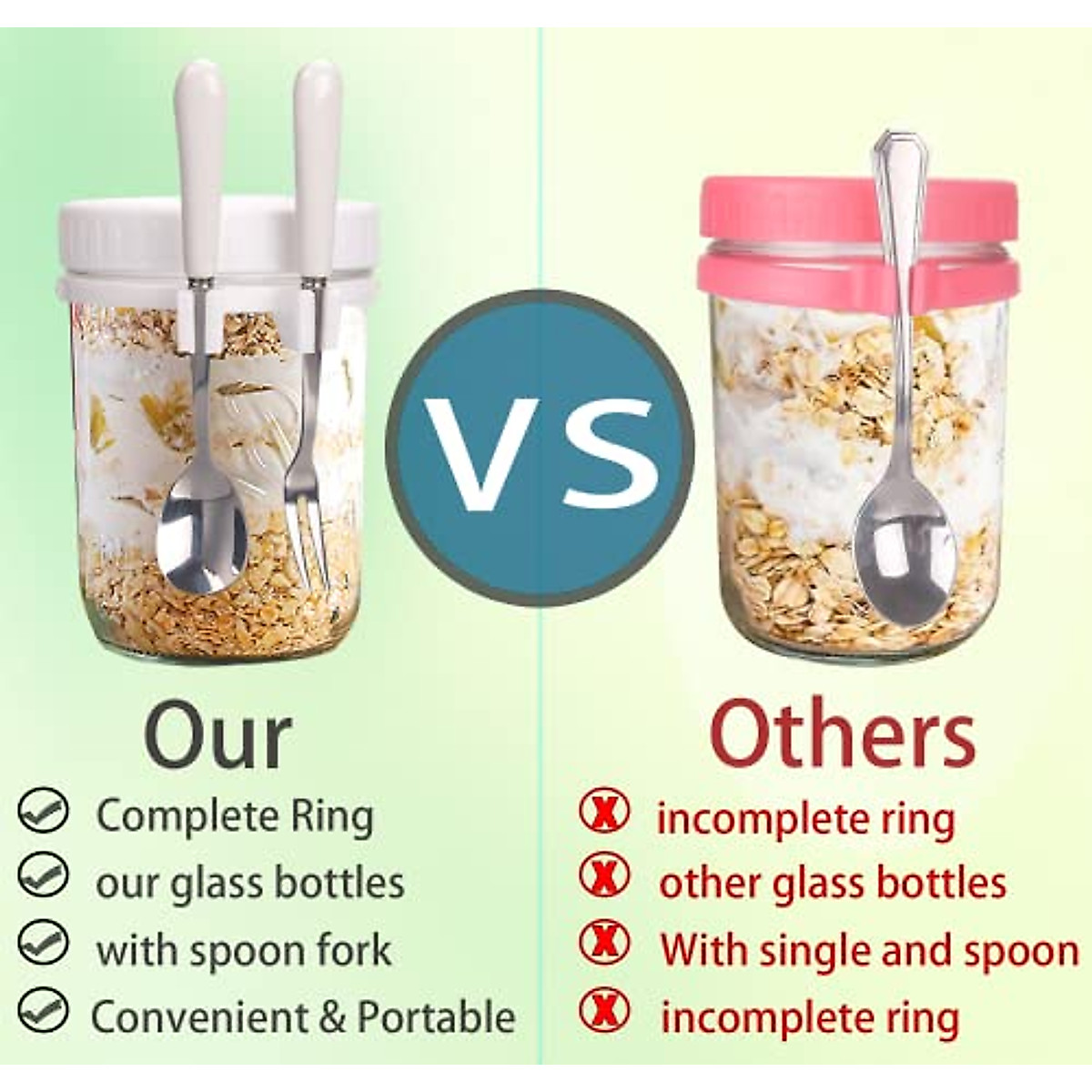 Overnight Oatmeal jars，4 piece set Overnight Oats Containers，with Lids and Pickle Fork ，spoon。16 oz Glass Mason Overnight Oats Jars ，Suitable for Cereal,oats, milk, cereal，fruit