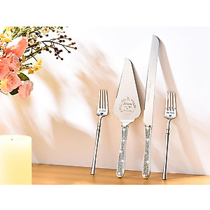 ROXBURGH Cake Cutting Set for Wedding, Wedding Cake Knife and Server set, Forks and Cutter Pie Spatula Rhinestones Studded Handle Birthday Anniversary Christmas of 4 (Silver)