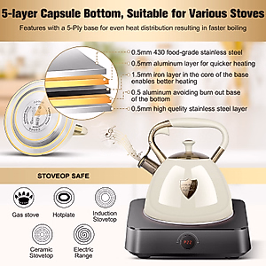 Tea Kettle Stove Top 3.17Quart Modern Whistling Tea Kettle-Surgical 5 Layer Stainless Steel Teakettle Teapot with Cool Touch Ergonomic Handle Teapot - Pot For Stove Top (copper handle)