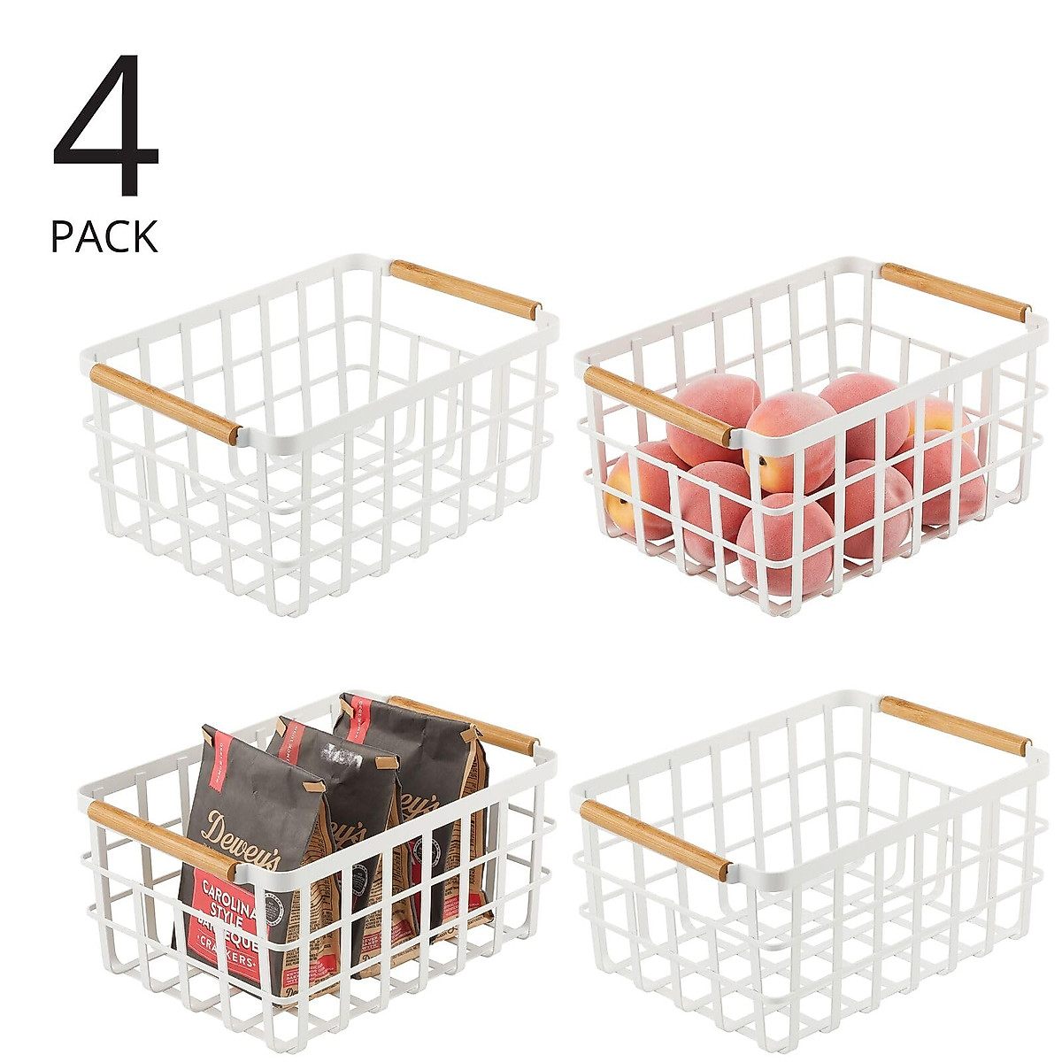 mDesign Metal Wire Food Organizer Storage Bin Basket with Bamboo Handles for Kitchen Cabinets/Pantry Organizing - Farmhouse Decor - Yami Collection - 4 Pack - Matte White/Natural