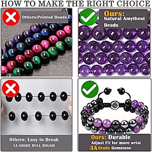 Triple Protection Bracelets for Men Women, Genuine Amethyst Black Obsidian Hematite 8mm Beads Bracelet, Handmade Natural Stone Bracelets for Protection Healing Balance Birthday Anniversary Gift