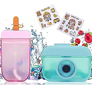 2 Pieces kawaii Water Bottles with Straw and Strap, Cute Plastic Camera Ice Cream Popsicle Cartoon Water Bottle Leakproof Water Cups Juice Drinking Bottle for School Girls Summer Outdoor