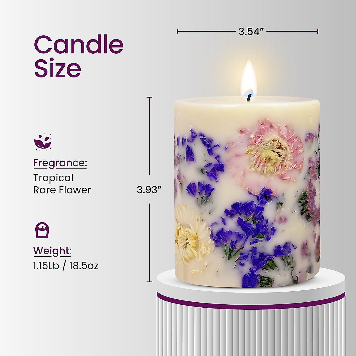 Vionami Gifts for Women Scented Pillar Candle - Long Burning Natural Soy Wax Scented Candle for Home - Gift-Boxed Hand Poured Luxury Candle with Dried Flowers & Tropical Rare Flower Scent (Forget Me)