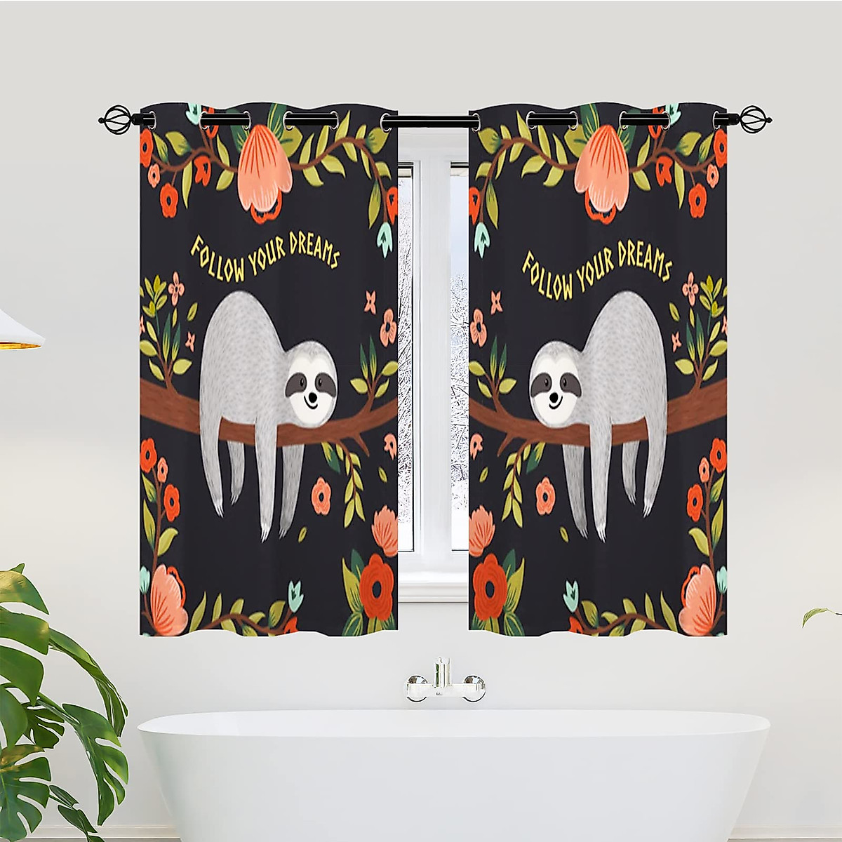 ANHOPE Sloth Curtains for Girl Bedroom - Follow Your Dreams Cute Jungle Sloth Animal Print Pattern Waterproof Fabric Grommet Window Drapes for Nursery Baby Boys Playroom Set 2 Panels W29.5 x L65