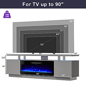 LUXOAK 80" Fireplace TV Stand, Modern LED Entertainment Center with 40" Electric Fireplace, High Gloss Finish Media Console with Storage for TVs Up to 90", Grey