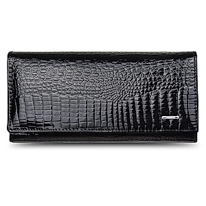 Dicihaya Large Capacity Clutch Purse Genuine Leather Women Wallet Long Double Zipper Wallets Multi Card Holder (Black)