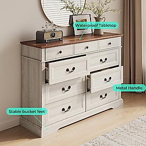 LINSY Dresser for Bedroom, 9 Drawers Bedroom Dresser Wood for Nursery, Tall Chest of Drawers, 53 Inch Wide Farmhouse Wood Dresser for Bedroom, Hallway, Closet, Living Room, Beige