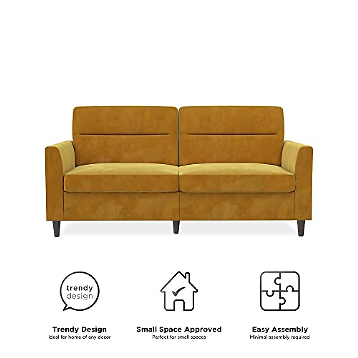 Novogratz Concord Sofa, Small Space Living Room 3 Seater, Pocket Coil Cushions, Mustard Yellow Velvet