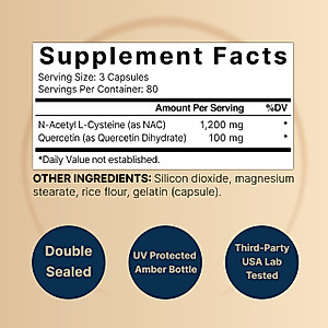 NAC Supplement 1200mg Per Serving | 240 Capsules, N-Acetyl Cysteine with Quercetin | Double Strength - Support for Immune, Liver, & Lung Health