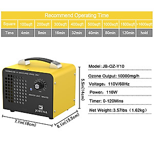JOBYNA Ozone Generator, 10,000mg/h Remote Control Timing Ozone Machine, High Capacity Industrial/Commercial/Home Ozone Generator for Rooms, Smoke, Cars (Include Batteries)