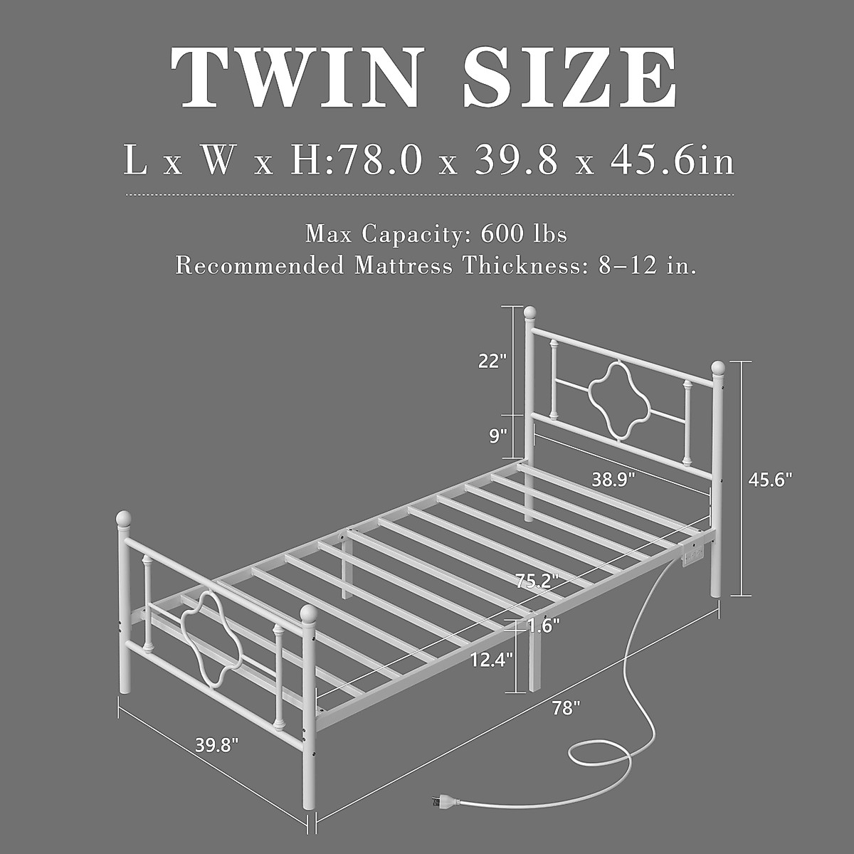 CollaredEagle Twin Size Bed Frame with Headboard and Footboard, Classic Metal Platform Bed Frame with Charging Station and LED Lights, Heavy Duty Slat Support Metal Bed Frame, No Noise, White
